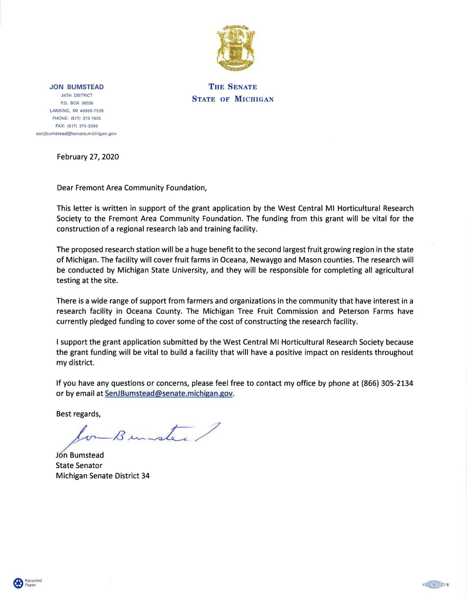Letter of Support from Senator Jon Bumstead – West Michigan Research ...
